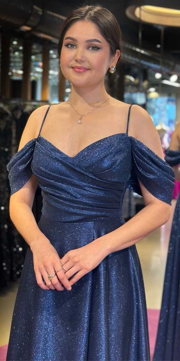 Navy Blue Spaghetti Strap Low-Cut Back Wrap Slit Flared Skirt Glitter ...